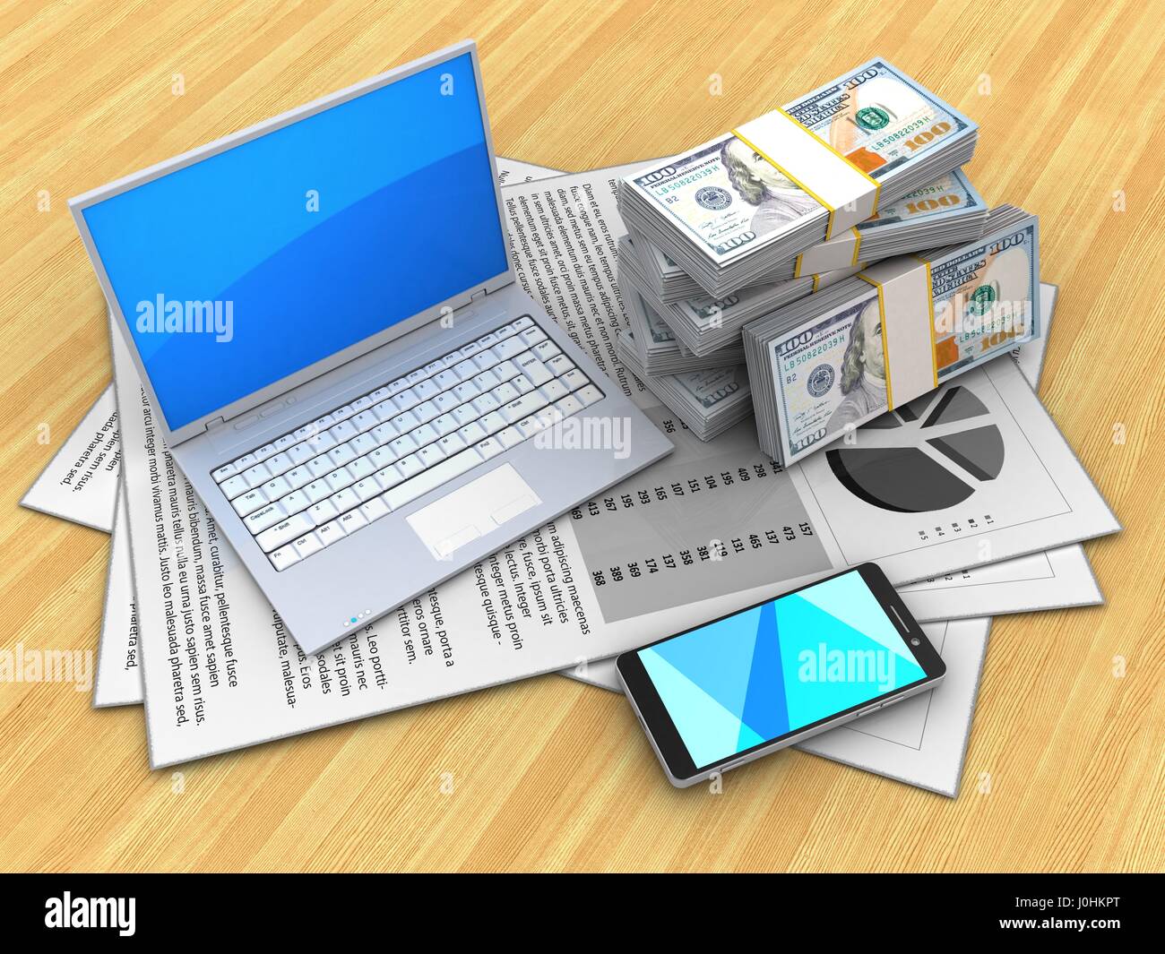 3d illustration of documents and computer over wood table background ...