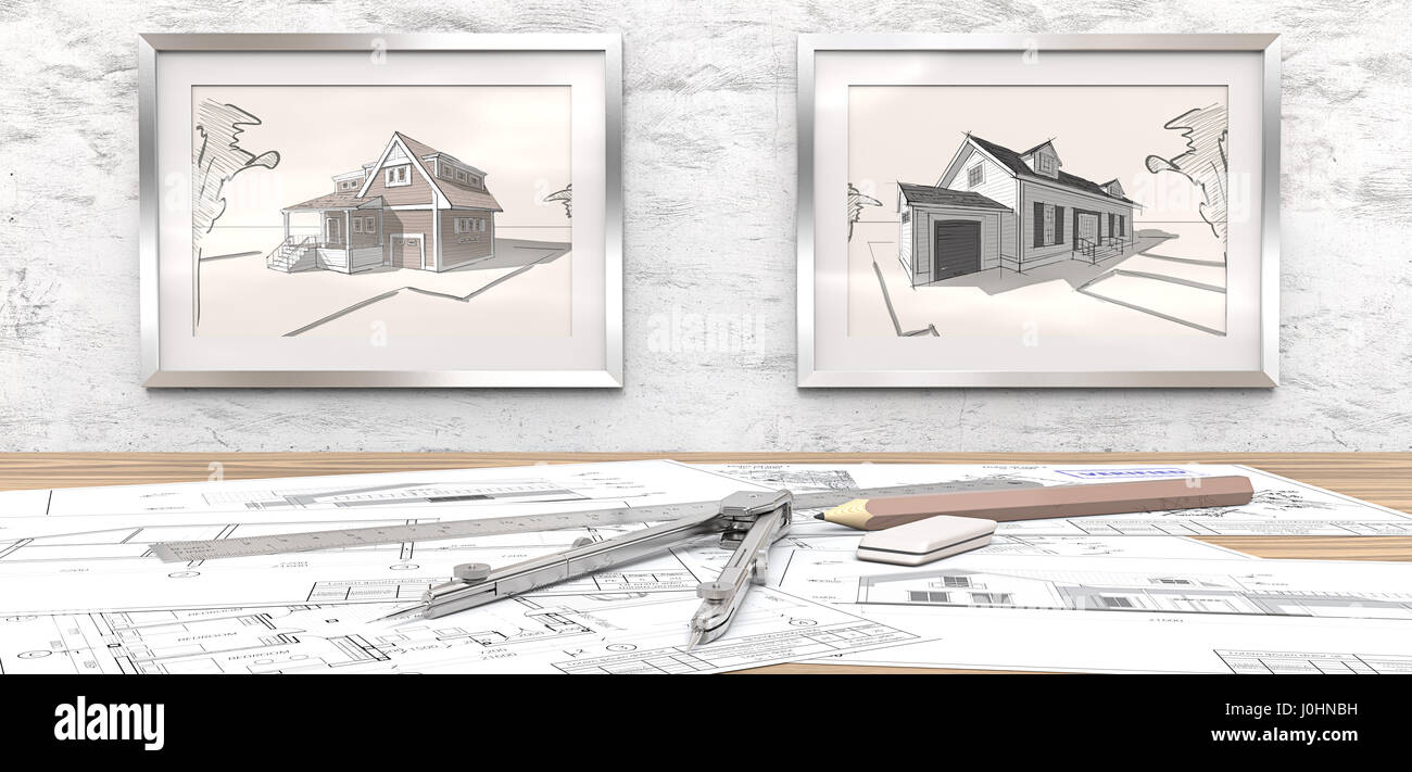 Generic Architectural blueprints on table. 2 Picture Frames on white ...