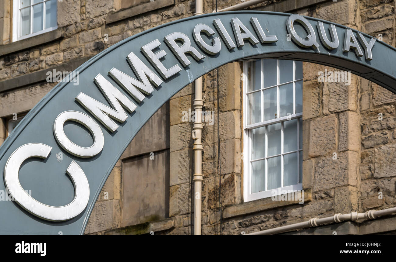 Close up of curved overhead sign at entrance to Commercial Quay, Leith ...