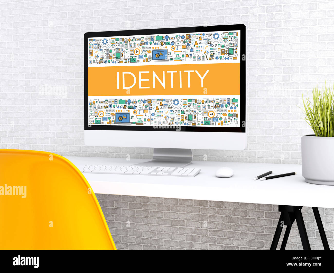 3D illustration. Modern workspace and computer with word IDENTITY ...
