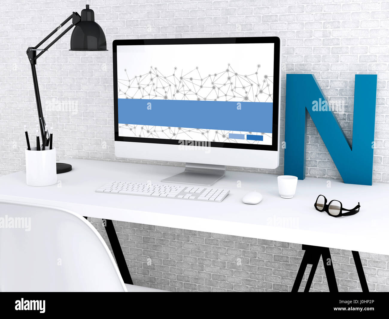 3D illustration. Modern workspace with computer. Technology and Network ...