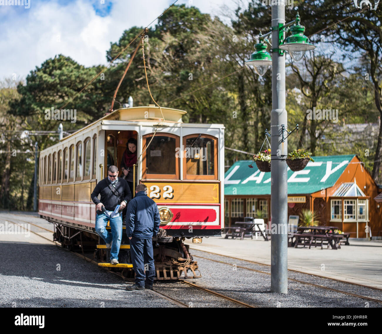 People getting off Manx tram at Laxey railway station, Isle Of Man ...