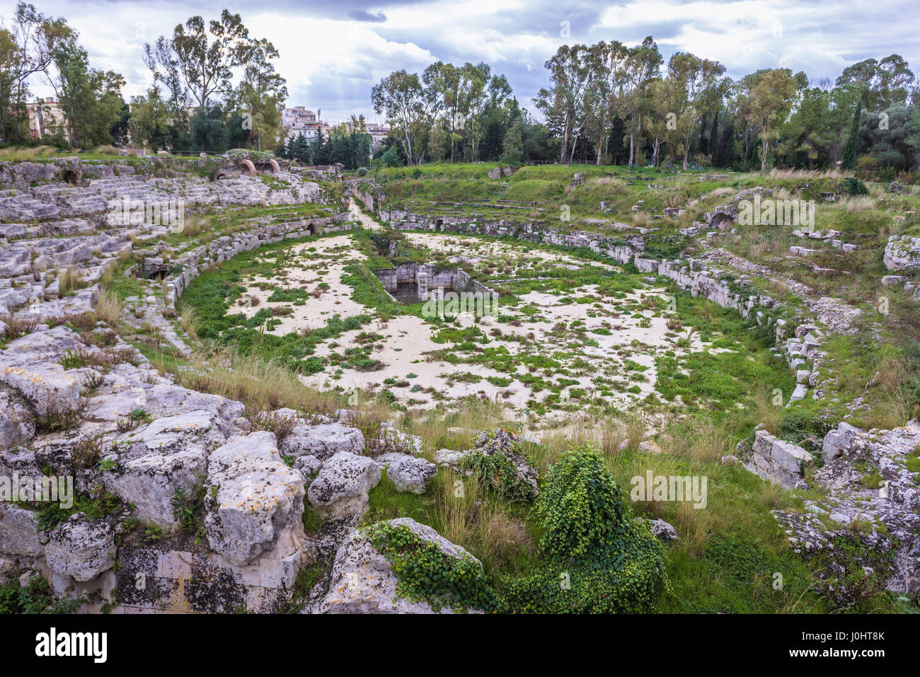 Aerial view on arena of Roman Amphitheater located in Neapolis ...