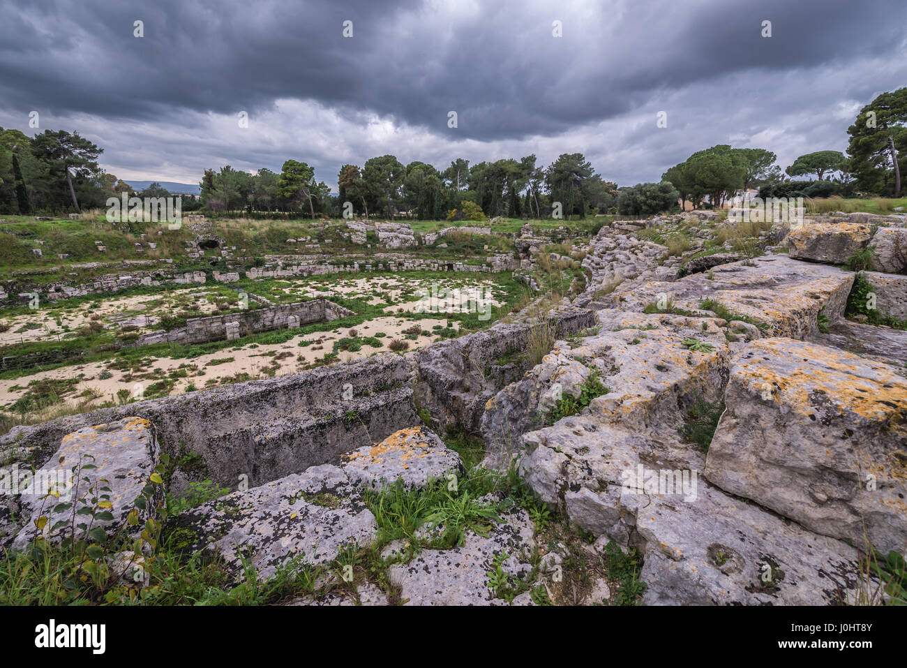 Aerial view on arena of Roman Amphitheater located in Neapolis ...