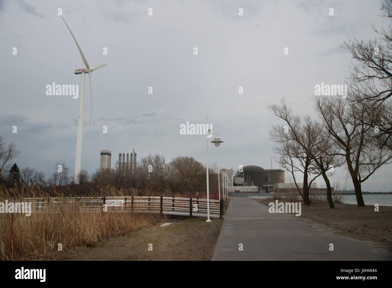 Canada, Pickering, Ontario. Nuclear power plant and wind turbine Stock ...