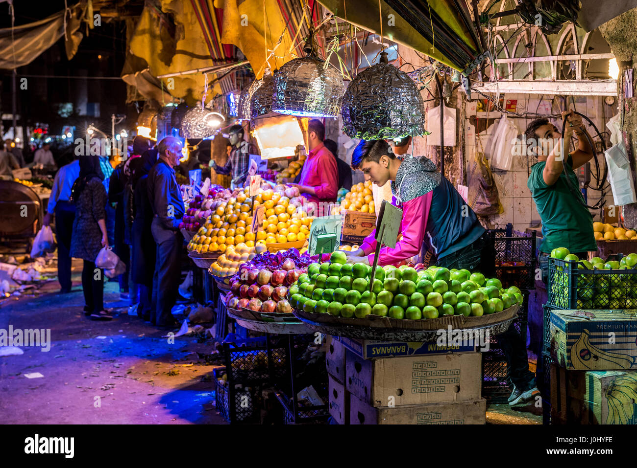 Heap of fruits for sale on a small market place in Shiraz city, capital ...