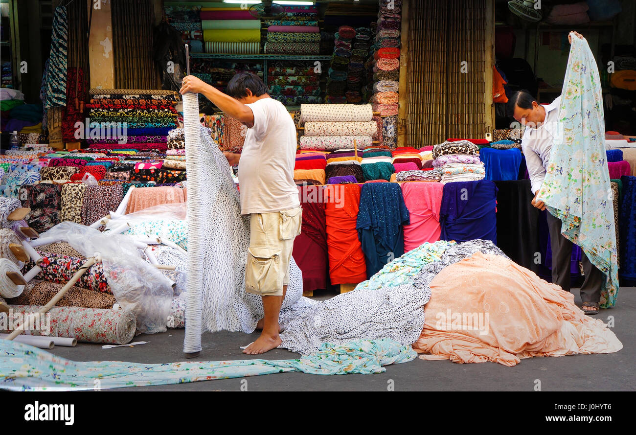 HO CHI MINH CITY, VIET NAM, Asia fabric market, colorful roll of cloth ...