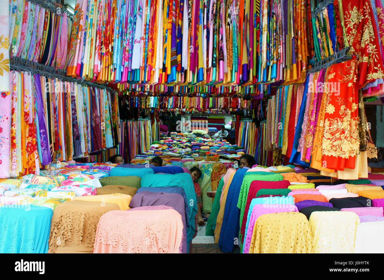 Ho chi Minh city, Viet Nam, Asia fabric market, colorful roll of cloth ...