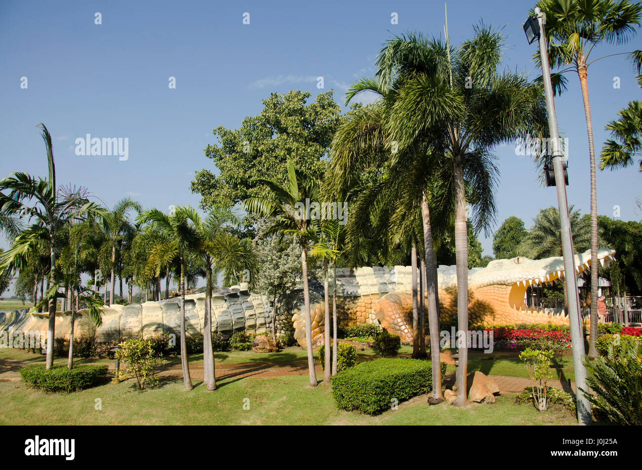 Large crocodile statue name Chalawan in public park for people visit ...