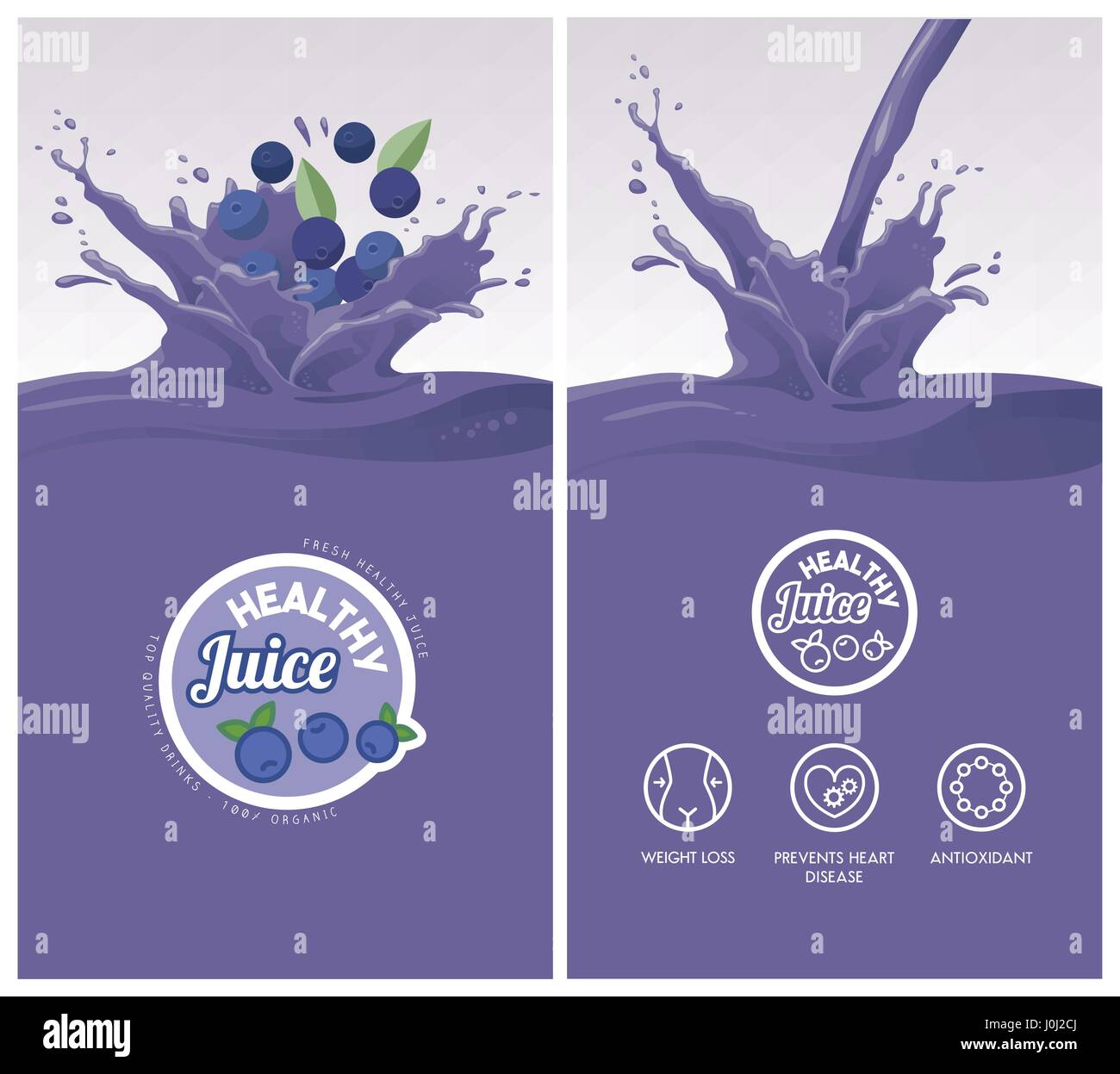 Drink menu with healthy blueberry juice splash, fruit, icons and badge ...