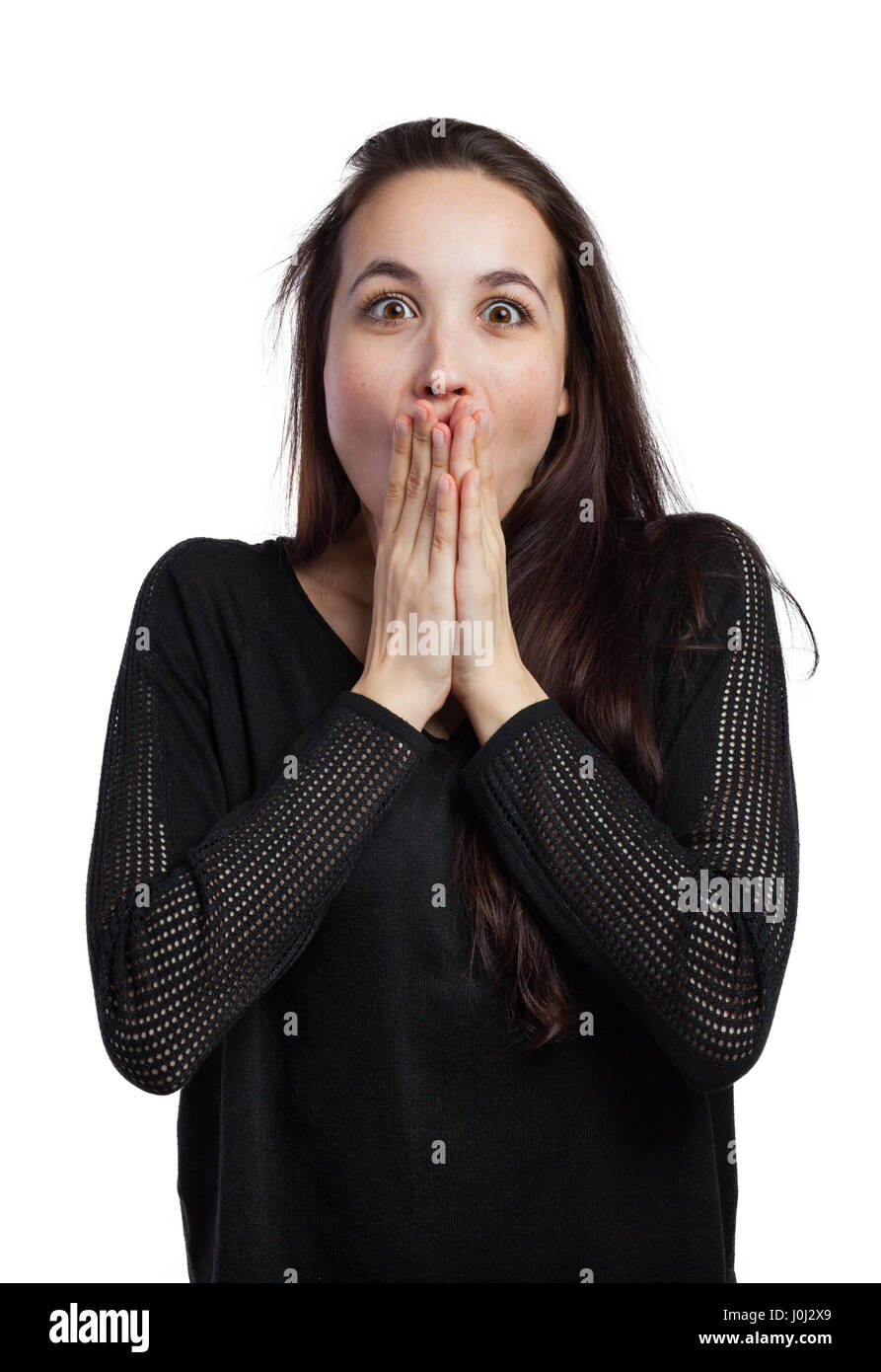 Beautiful young woman surprised, isolated on white Stock Photo - Alamy
