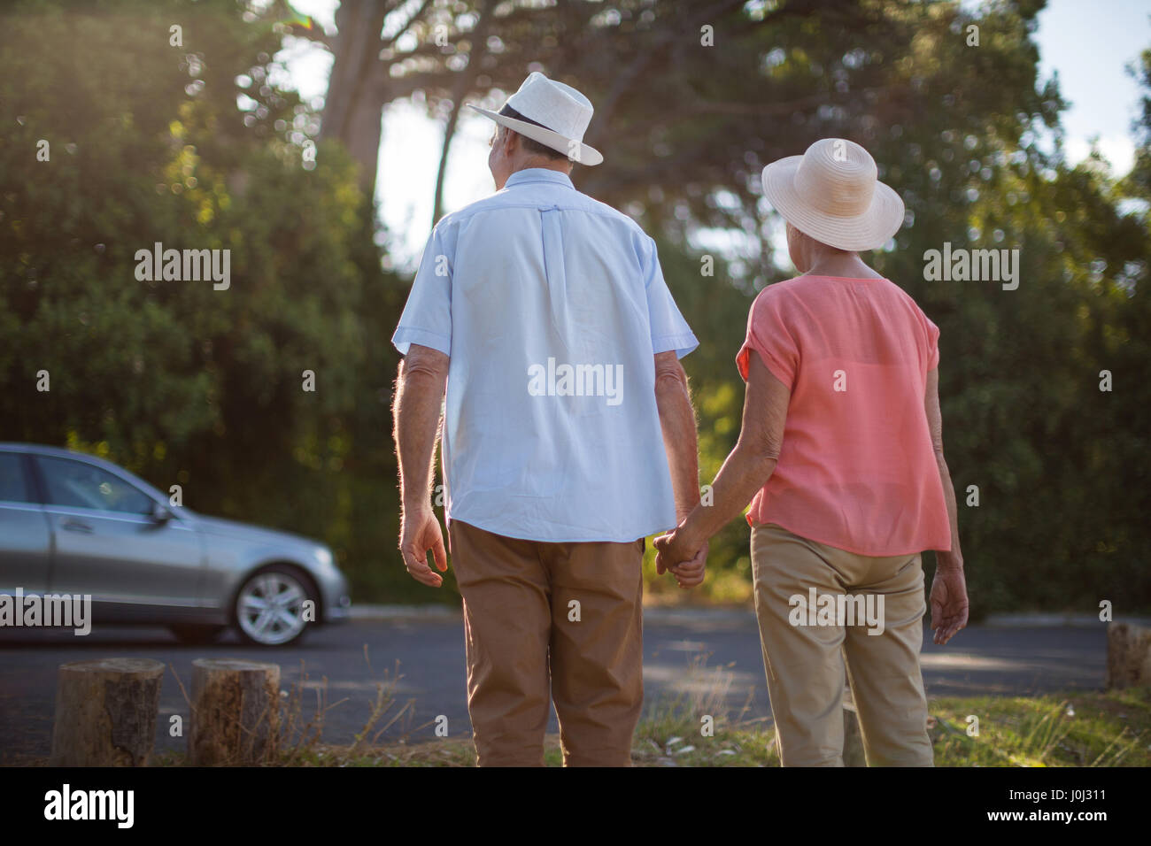 Rear view of senior couple holding hands at roadside Stock Photo - Alamy