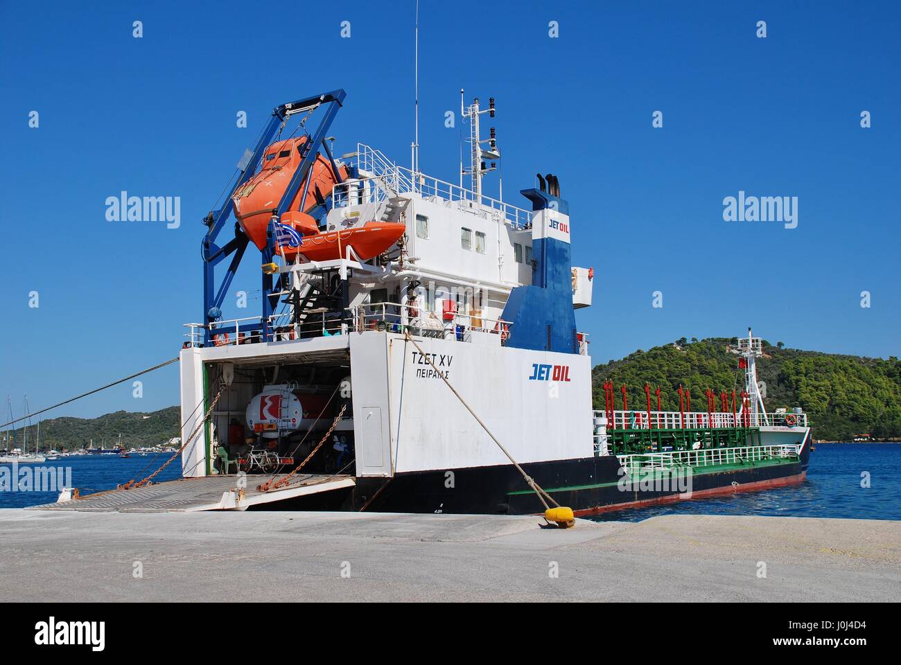 Jet Oil tanker ship Tzet XV moored at Skiathos Town harbour on the ...