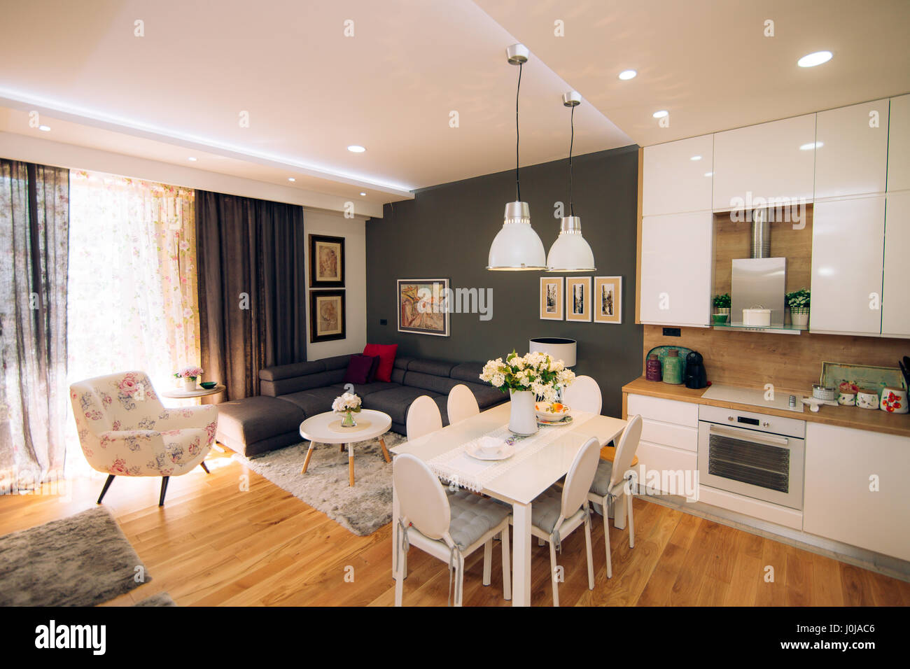 The dining table in the apartment. Table for lunch in the living room ...