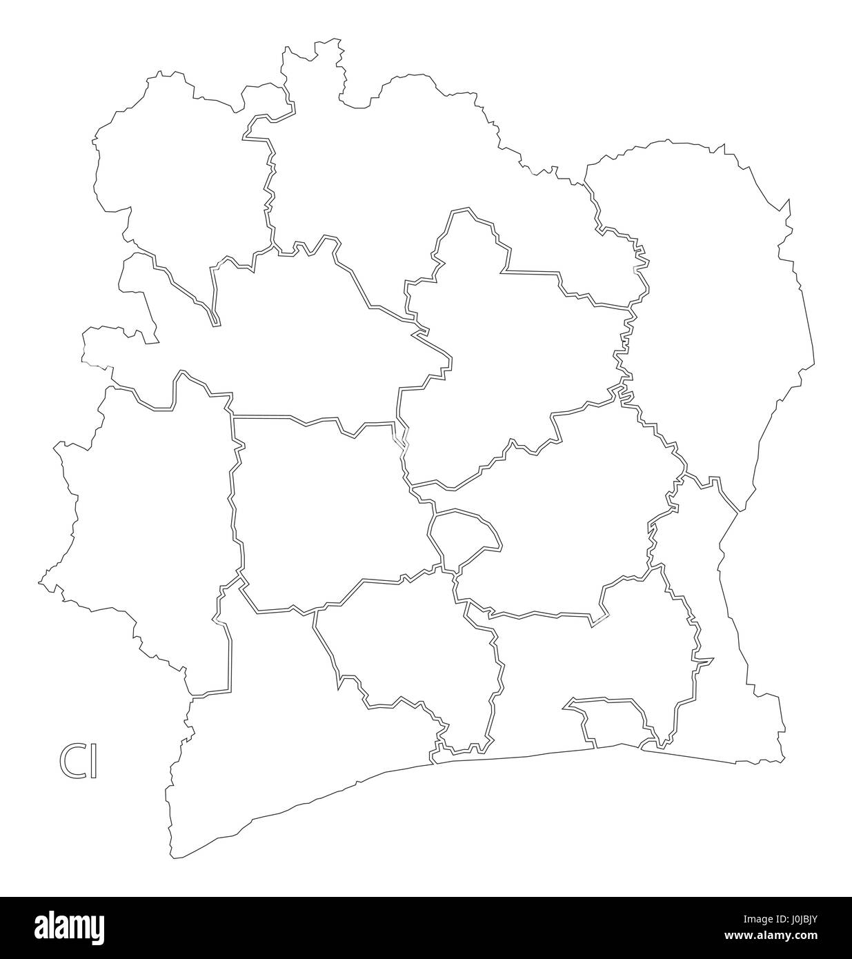 Ivory Coast Outline Silhouette Map Illustration With Districts Stock