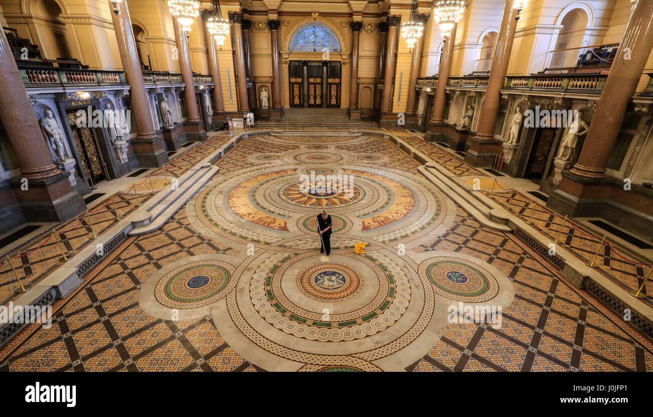 Ann Lawton cleans the Minton tile floor at Liverpool's St George's Hall ...