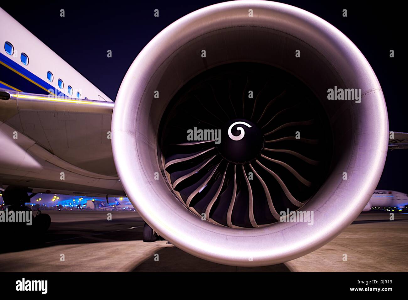Direct view into a jet engine of a passenger plane preparing for take ...