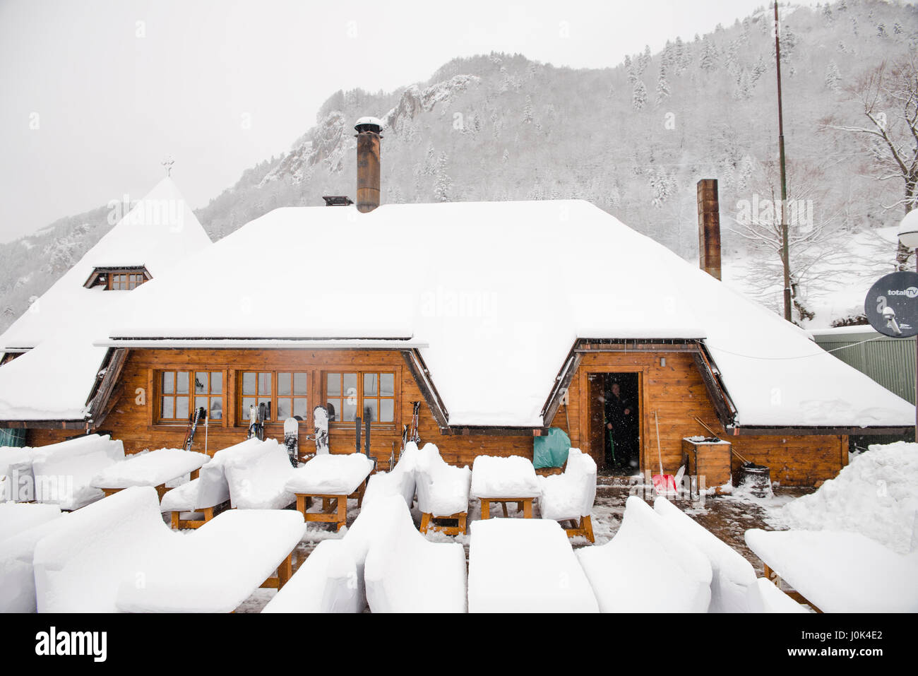 Ski center building covered with snow, Kolasin, Montenegro Stock Photo ...