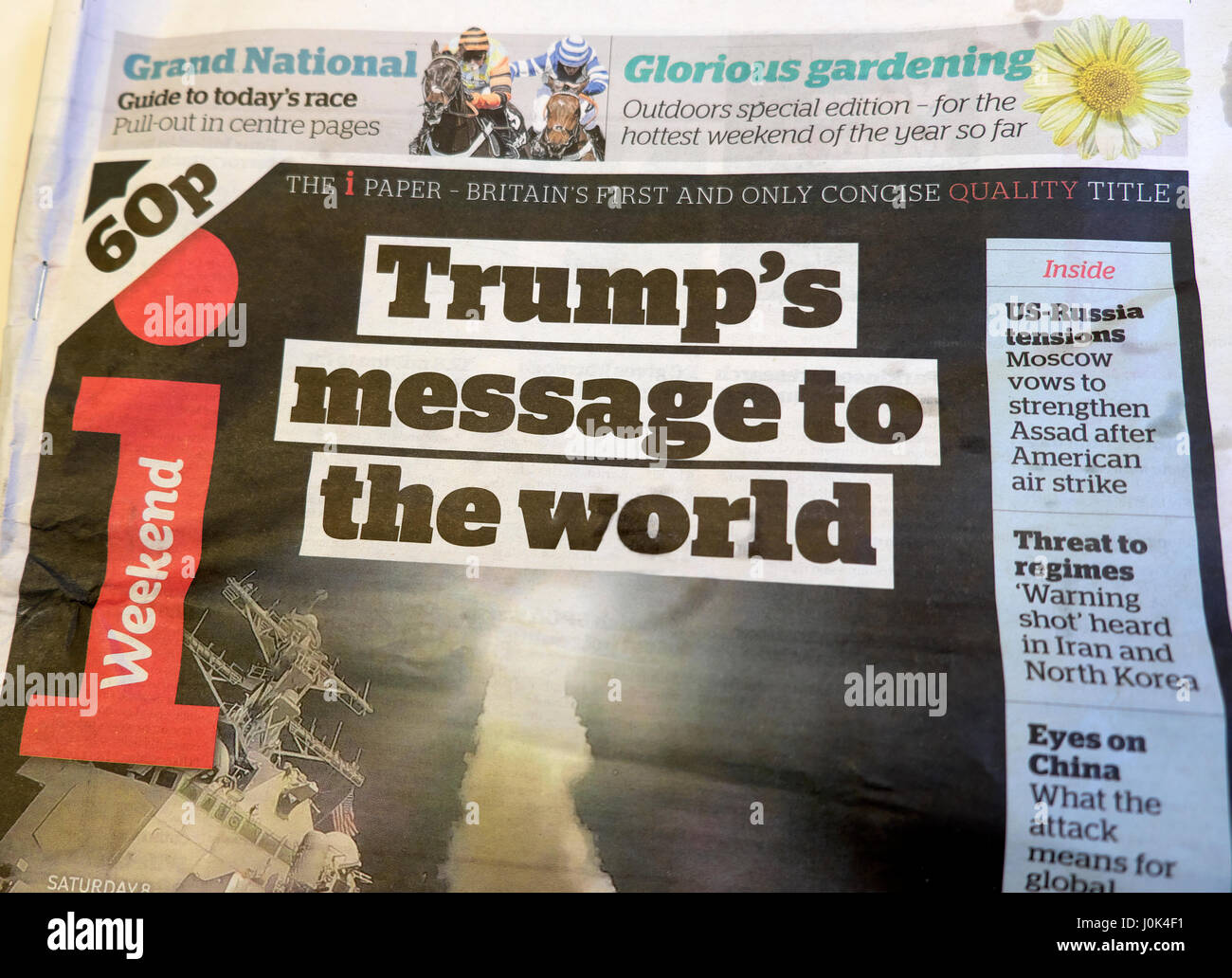 Front page i newspaper headline "Trump's message to the world", US ...