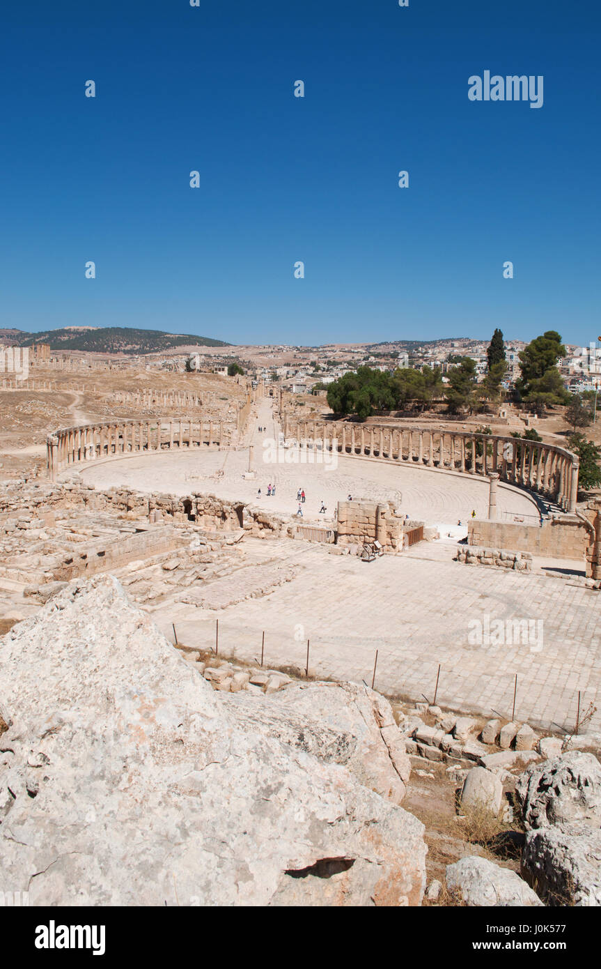 Skyline of modern Jerash with the Oval Plaza, main square of the ...