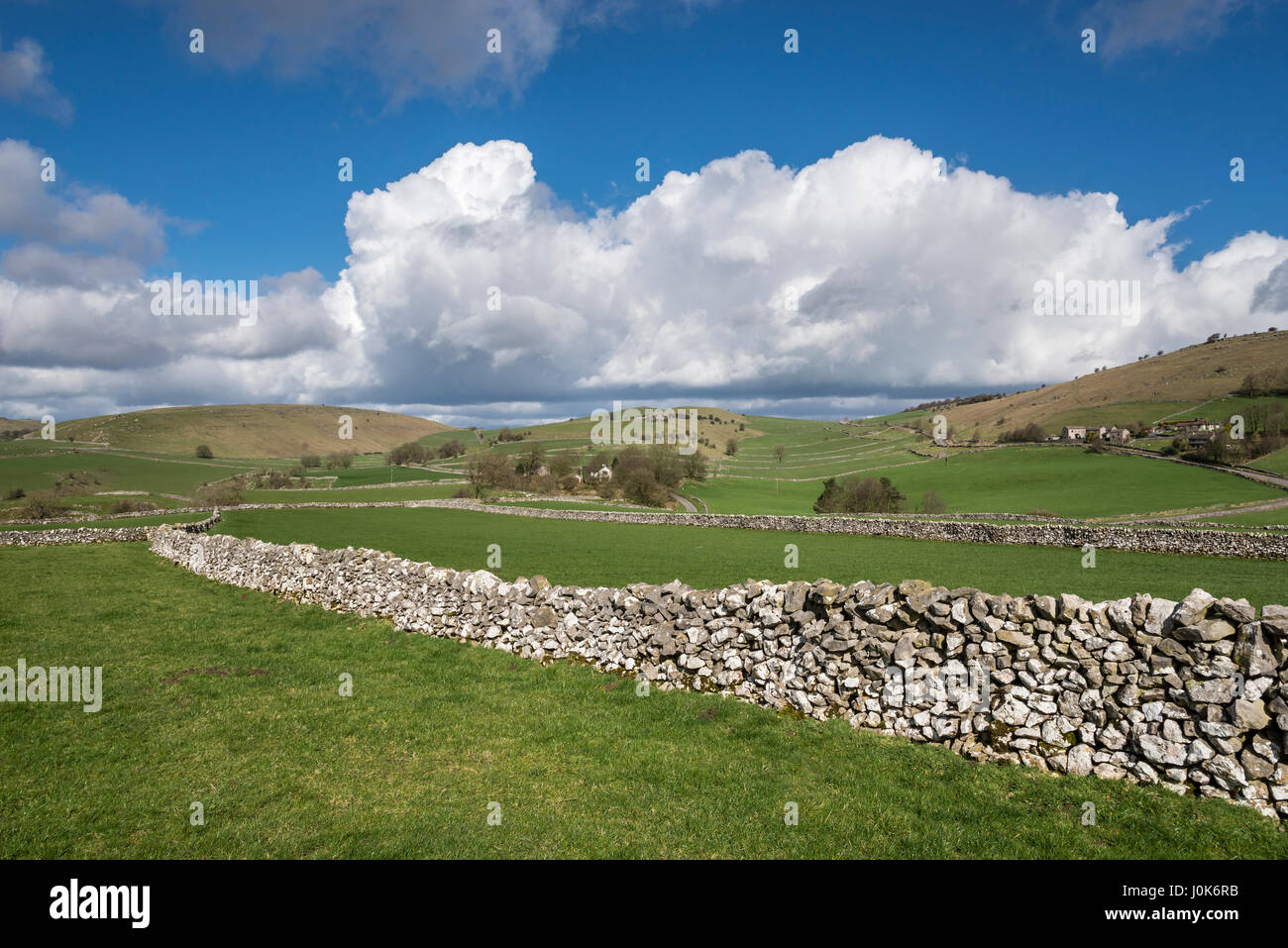 Long line of Limestone wall in the White Peak area of the Peak District ...