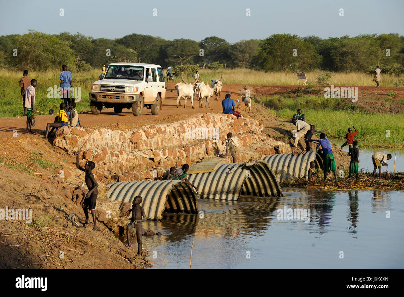 SOUTH SUDAN Lake States, road between Rumbek and Juba at Bamam bridge ...