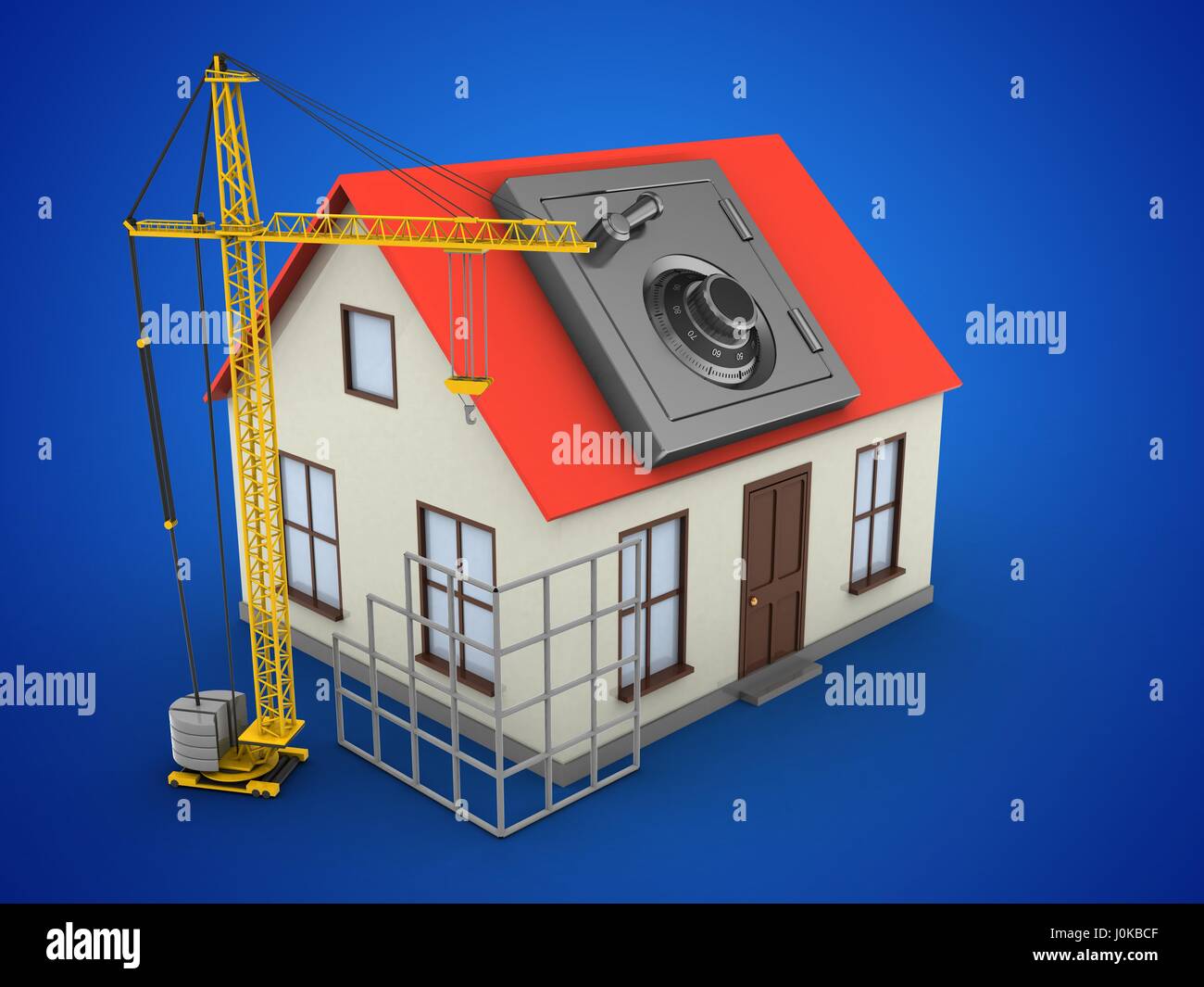 3d illustration of generic house over blue background with safe and ...