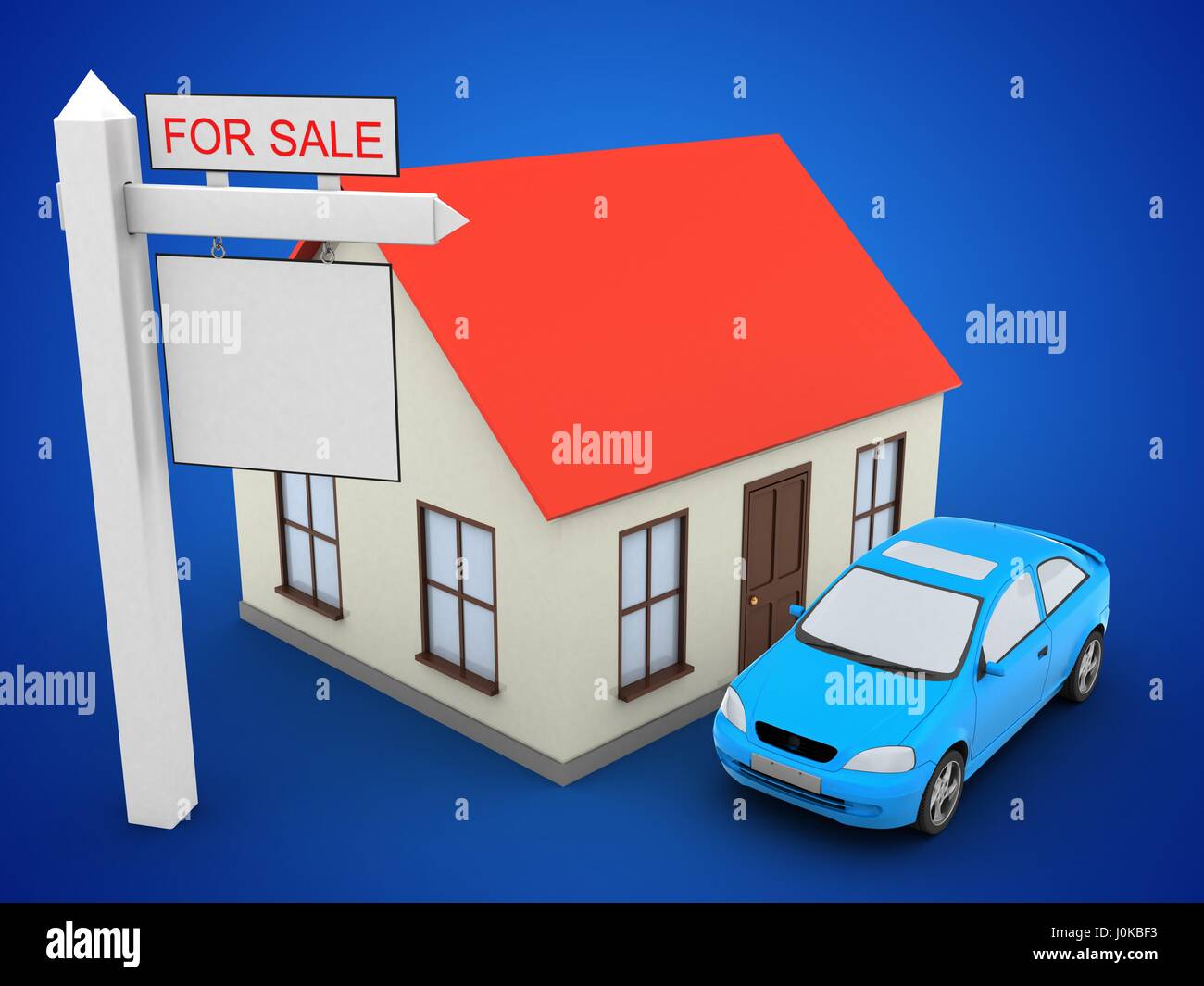 3d illustration of generic house over blue background with car and sale ...