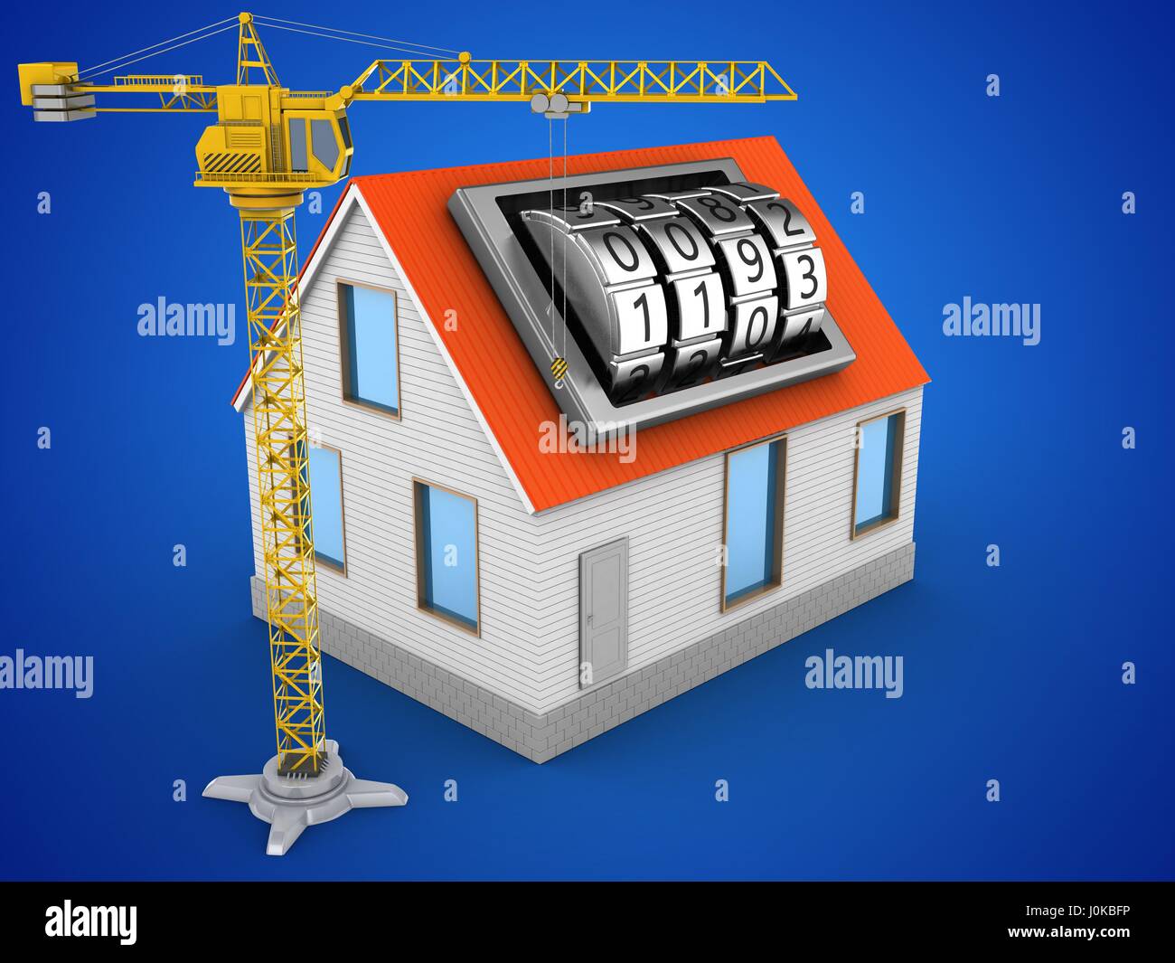 3d illustration of house red roof over blue background with code lock ...