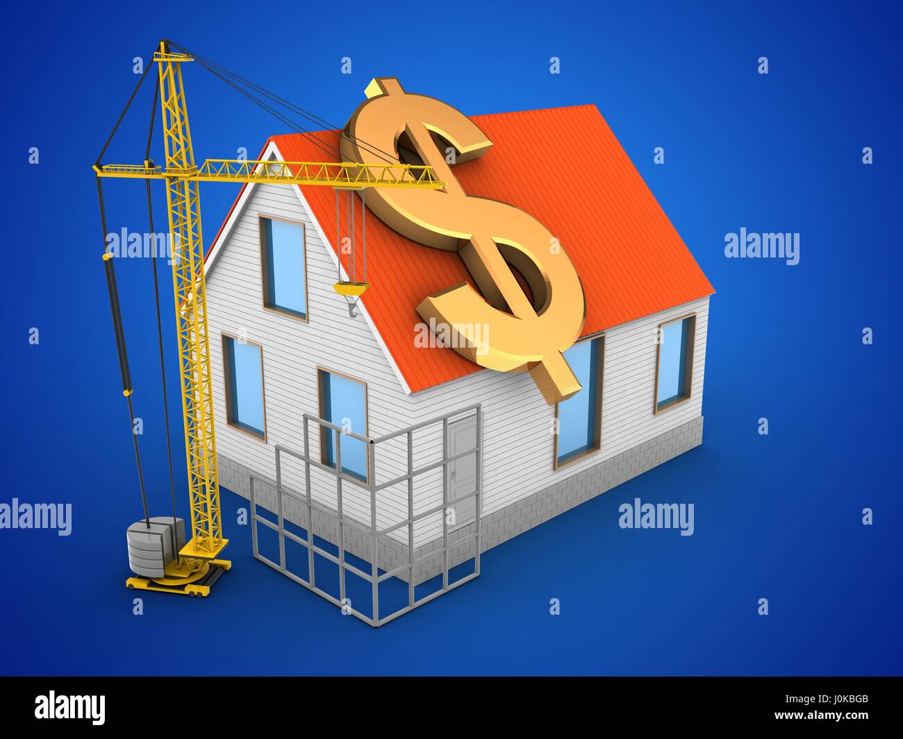 3d illustration of house red roof over blue background with dollar sign ...