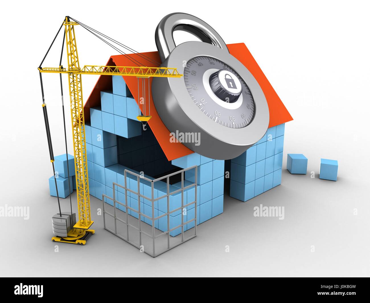 3d illustration of block house over white background with code lock and ...
