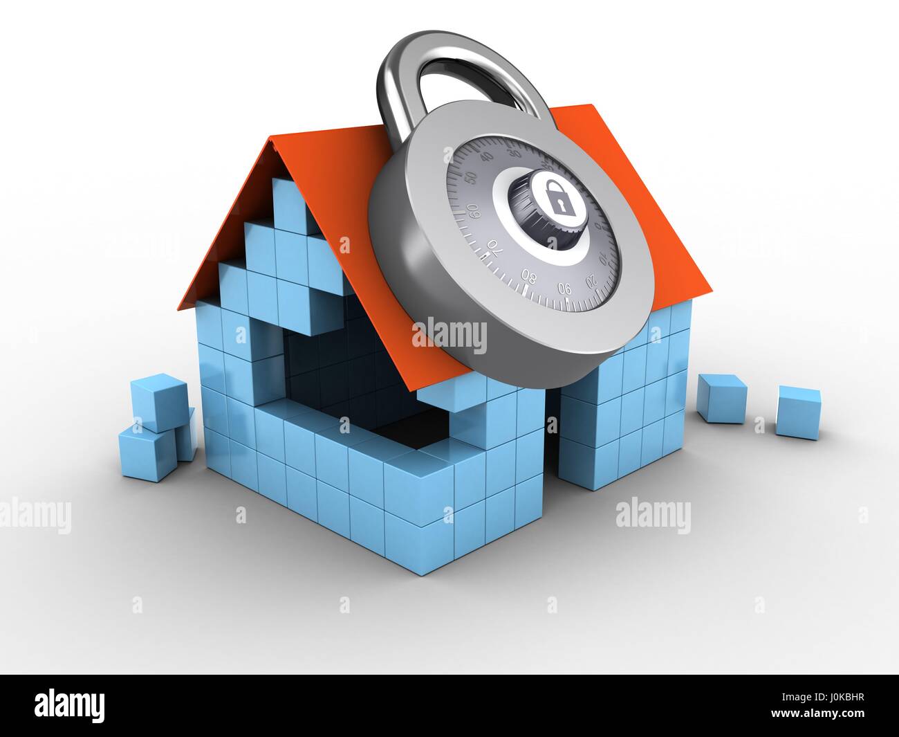 3d illustration of block house over white background with code lock ...