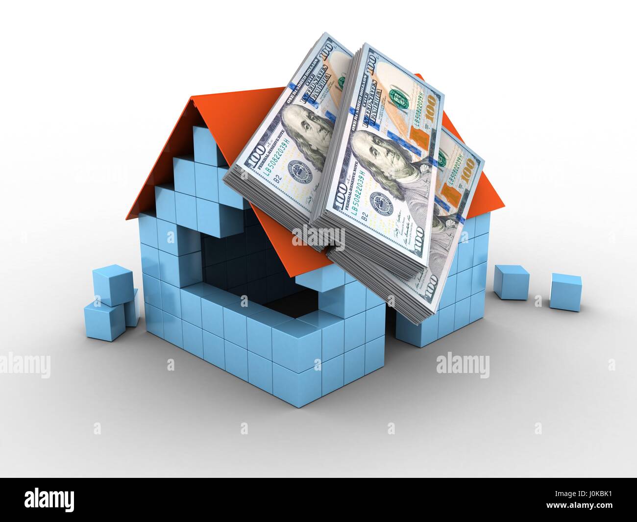 3d illustration of block house over white background with money Stock ...