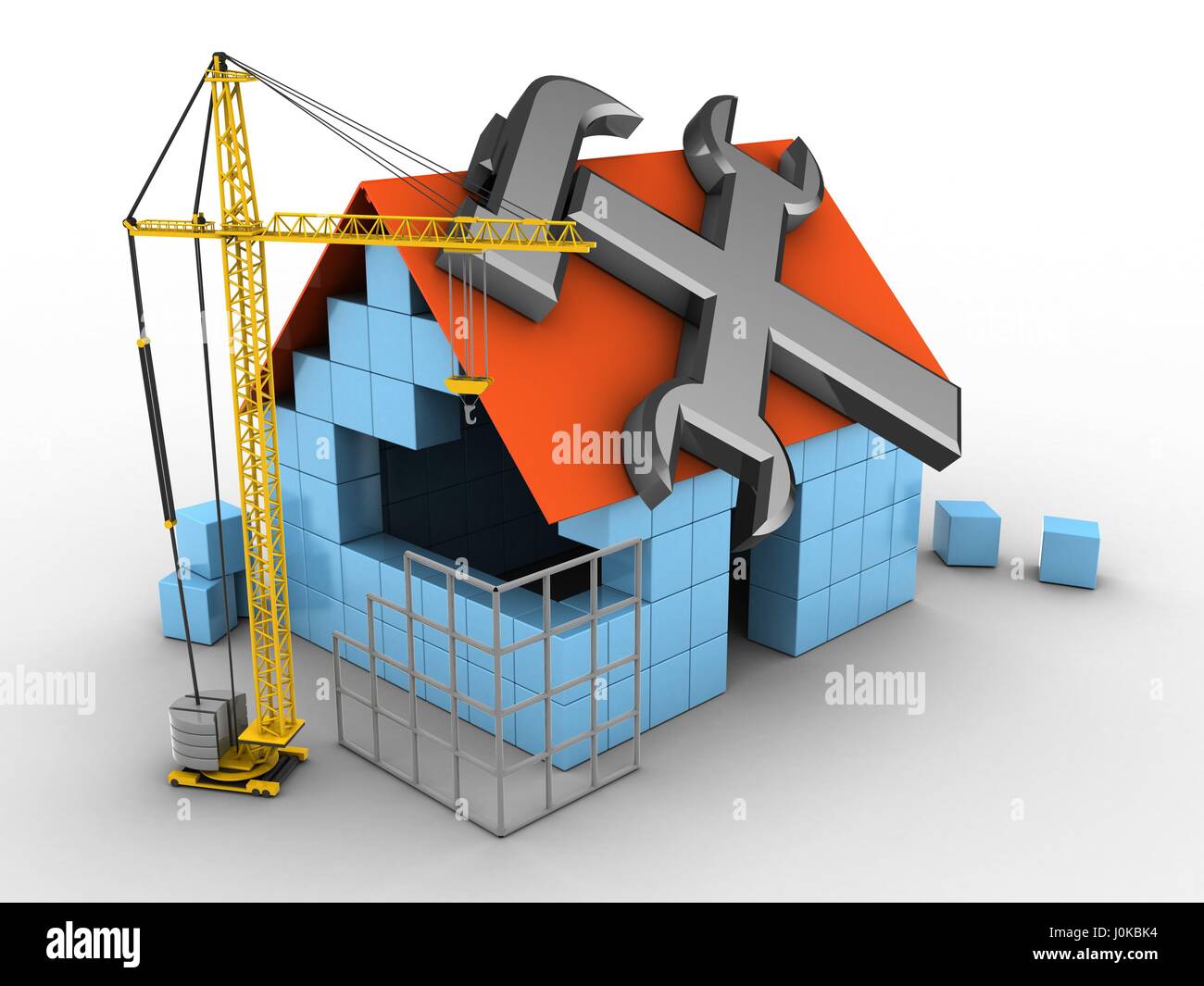 3d illustration of block house over white background with repair symbol ...