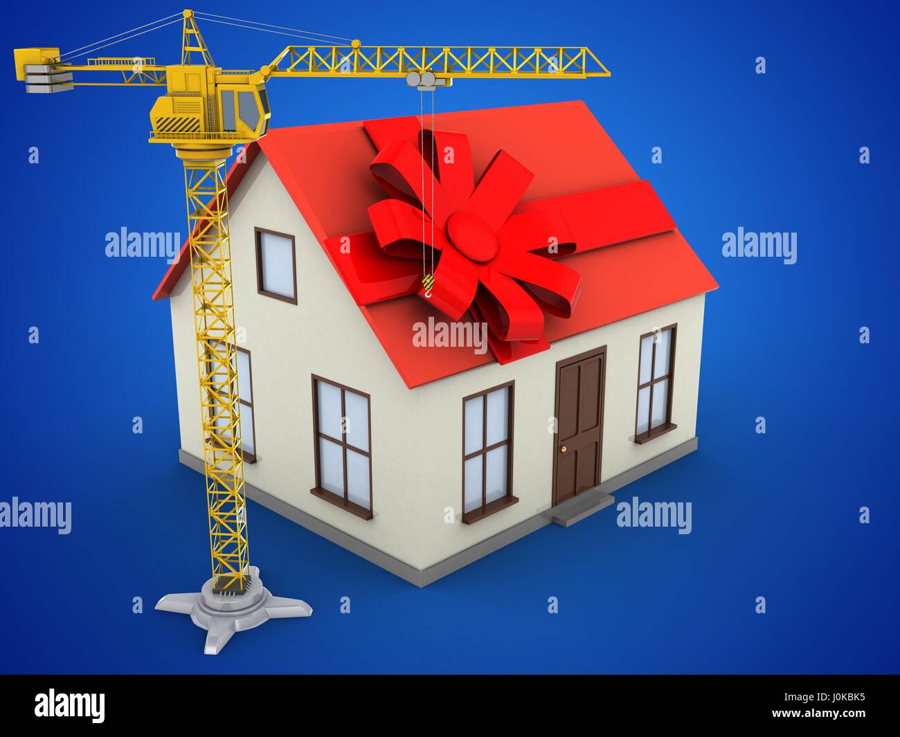 3d illustration of generic house over blue background with gift ribbon ...