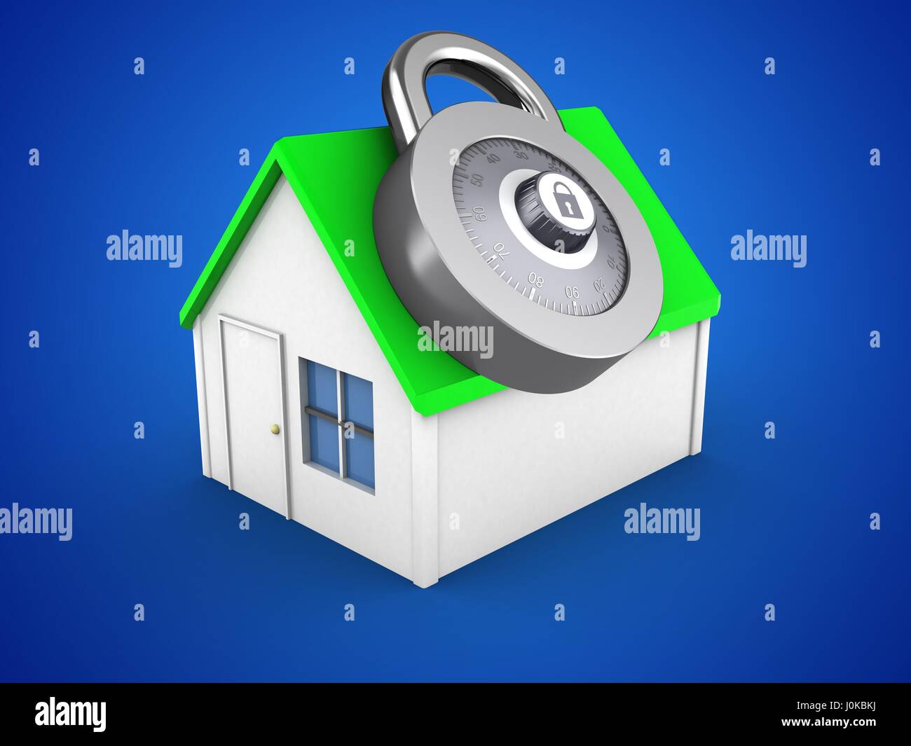 3d illustration of simple house over blue background with code lock ...