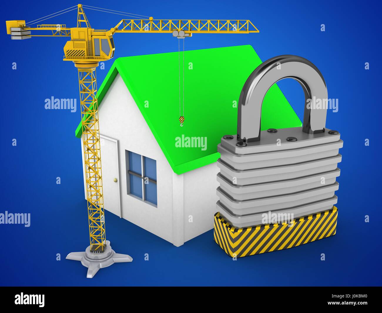 3d illustration of simple house over blue background with padlock and ...