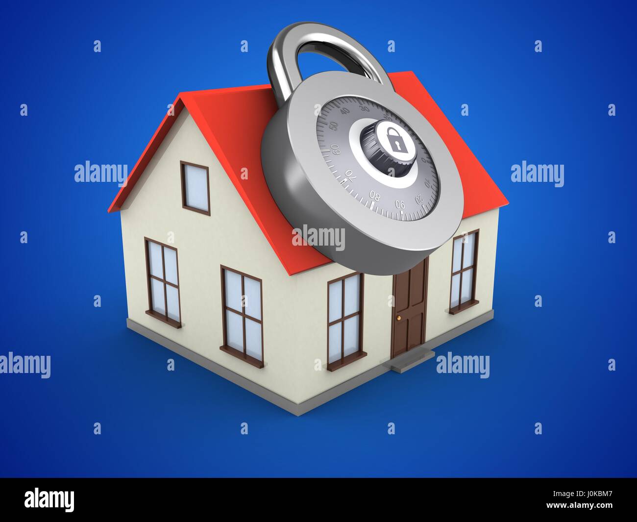 3d illustration of generic house over blue background with code lock ...
