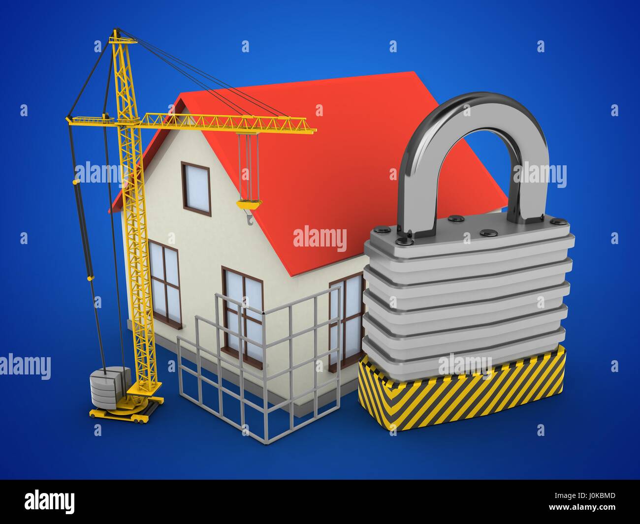 3d illustration of generic house over blue background with padlock and ...