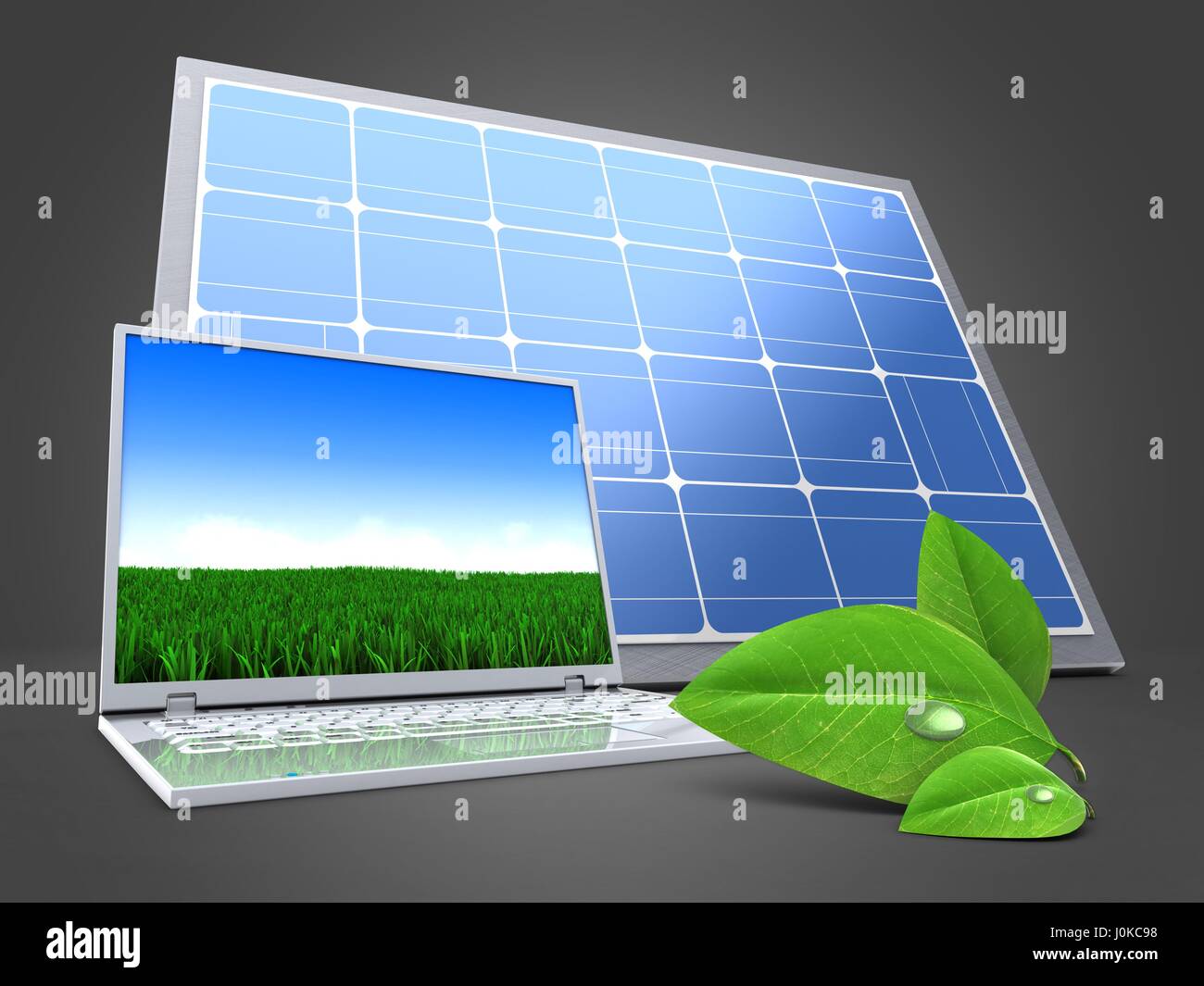 3d illustration of computer over grey background with solar panel and ...