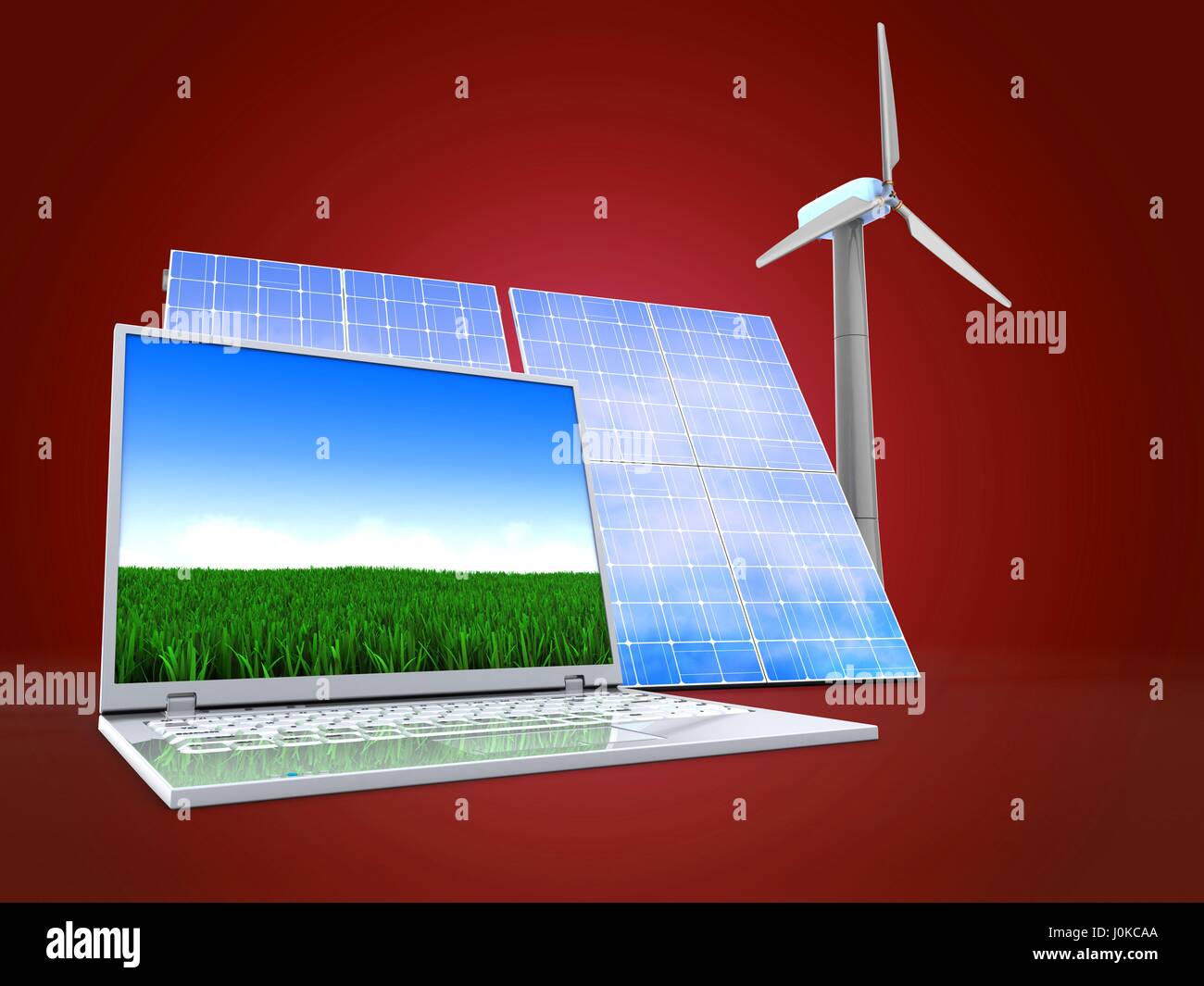 3d illustration of computer with solar panel and wind turbine over red ...