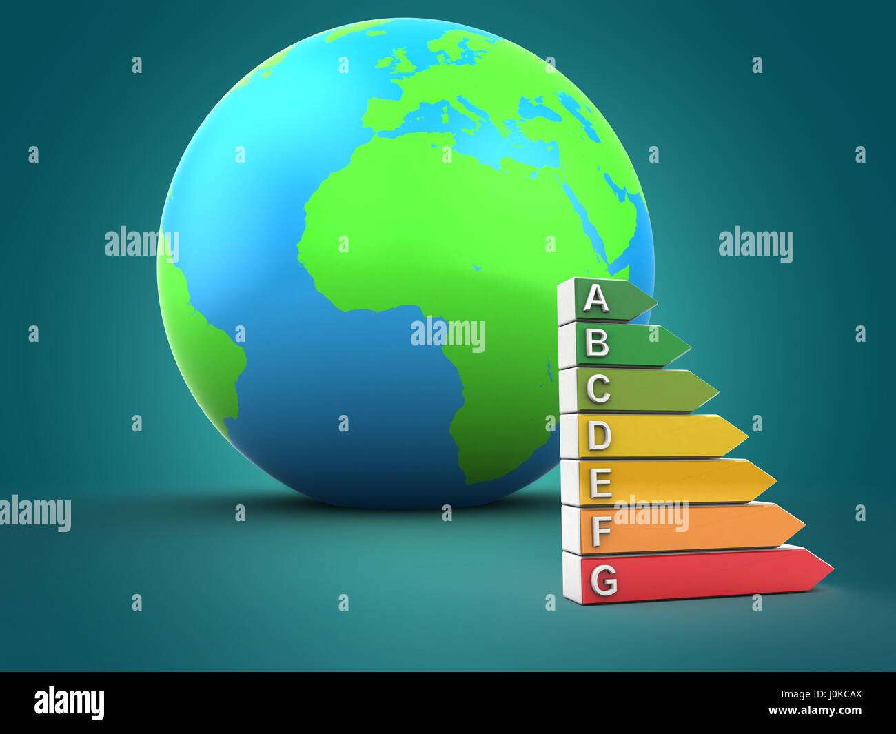 3d illustration of energy ranking over blue background with earth globe ...