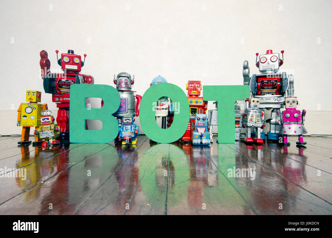 the word BOT with vitage robot toys Stock Photo - Alamy