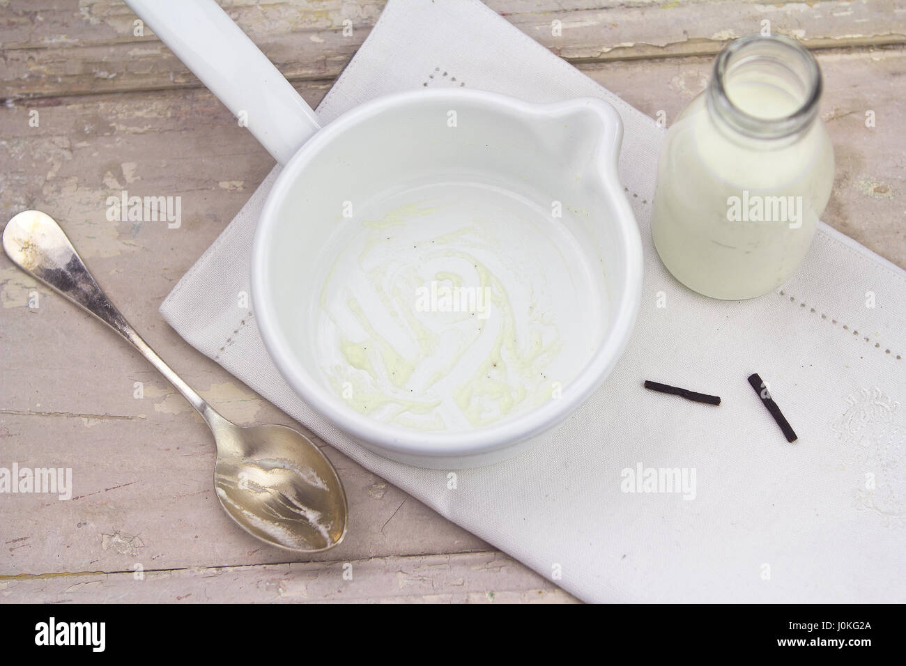 Empty pot finished vanilla rice pudding Stock Photo - Alamy