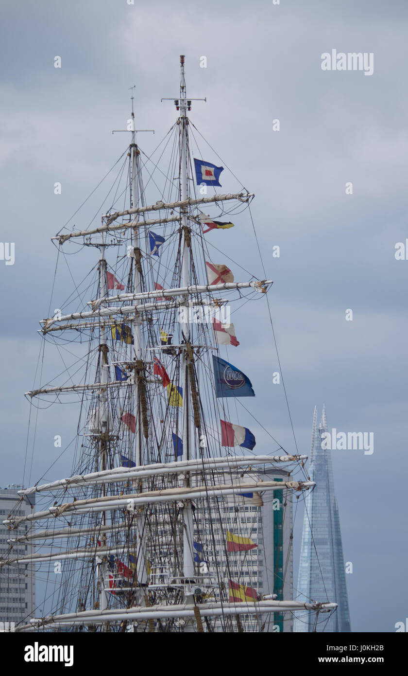 Ship with Shard skyscraper and City of London in background atGreenwich Tall Ships festival in ...