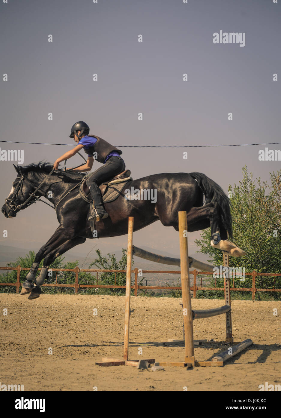 Equestrian sports Black horse approaching. Jockey riding a fast ...