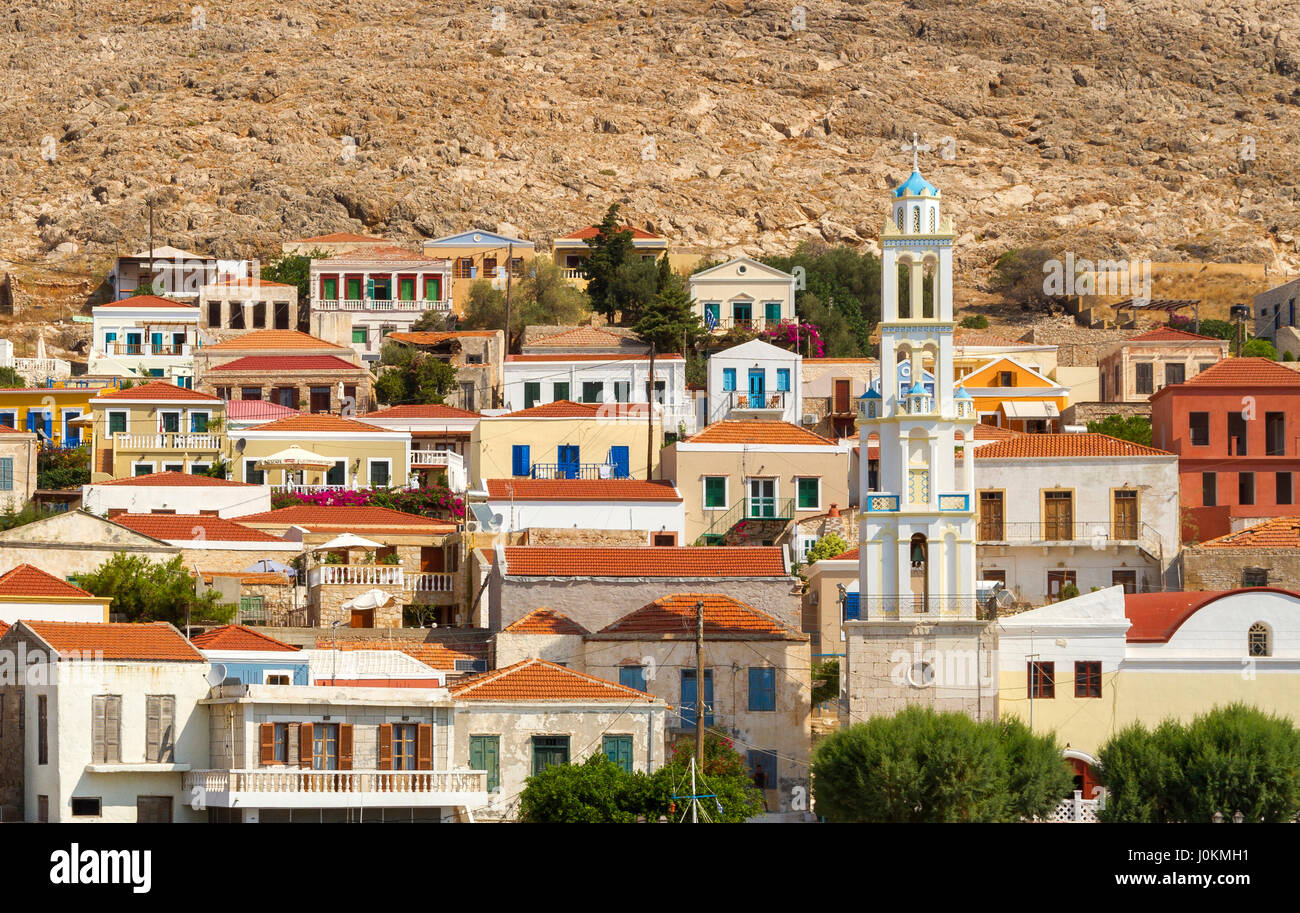 The town of Chalki, on Chalki island, Dodecanese, Greece Stock Photo ...