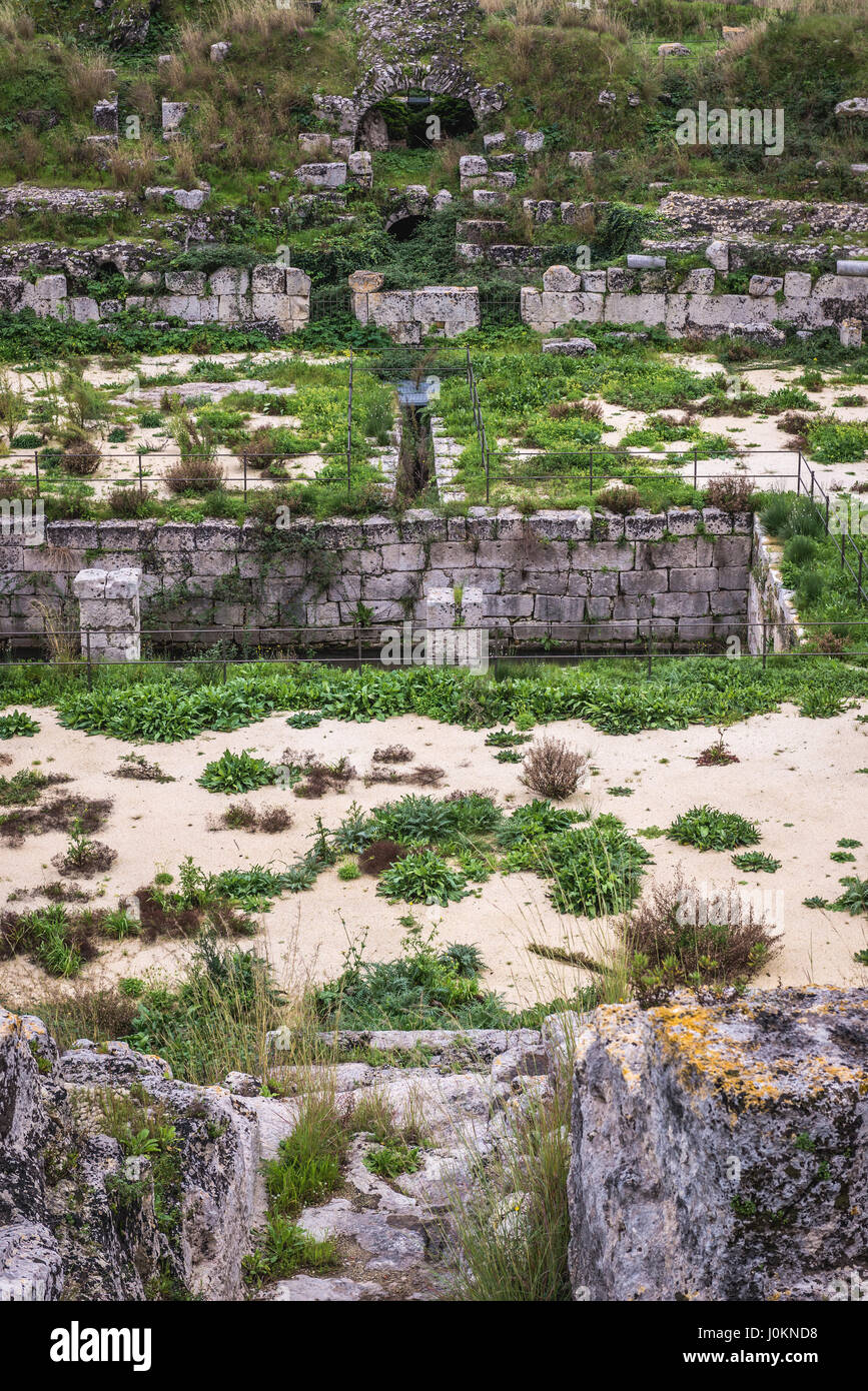 Close up on arena of Roman Amphitheater located in Neapolis ...