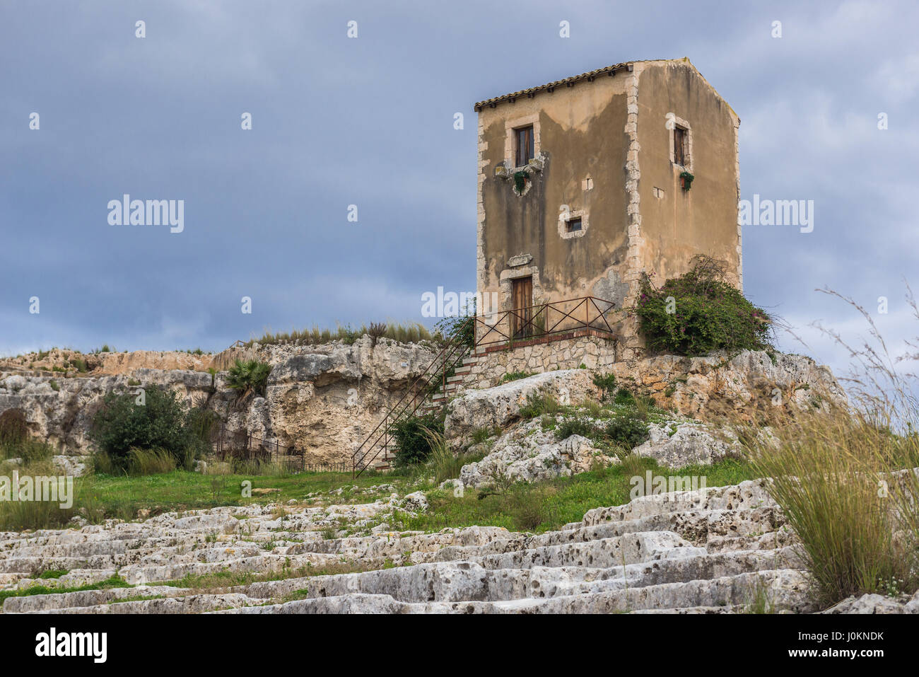 Small building above ancient ruins of Greek Theater from 5th century BC ...
