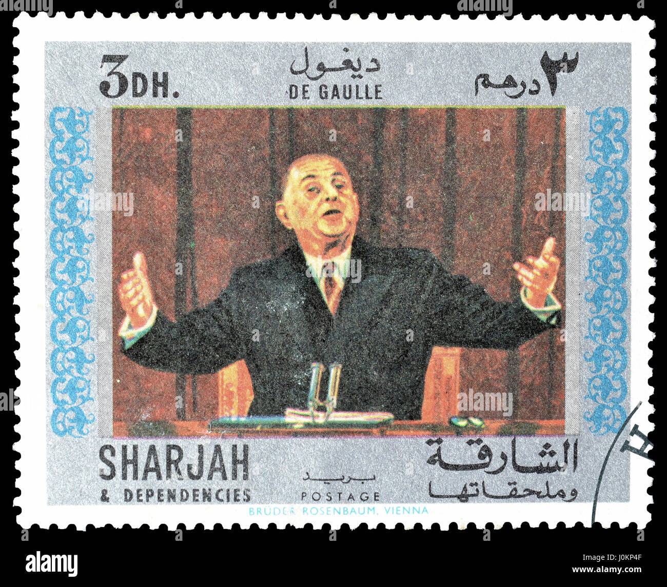 Cancelled postage stamp printed by Sharjah, that shows General de ...
